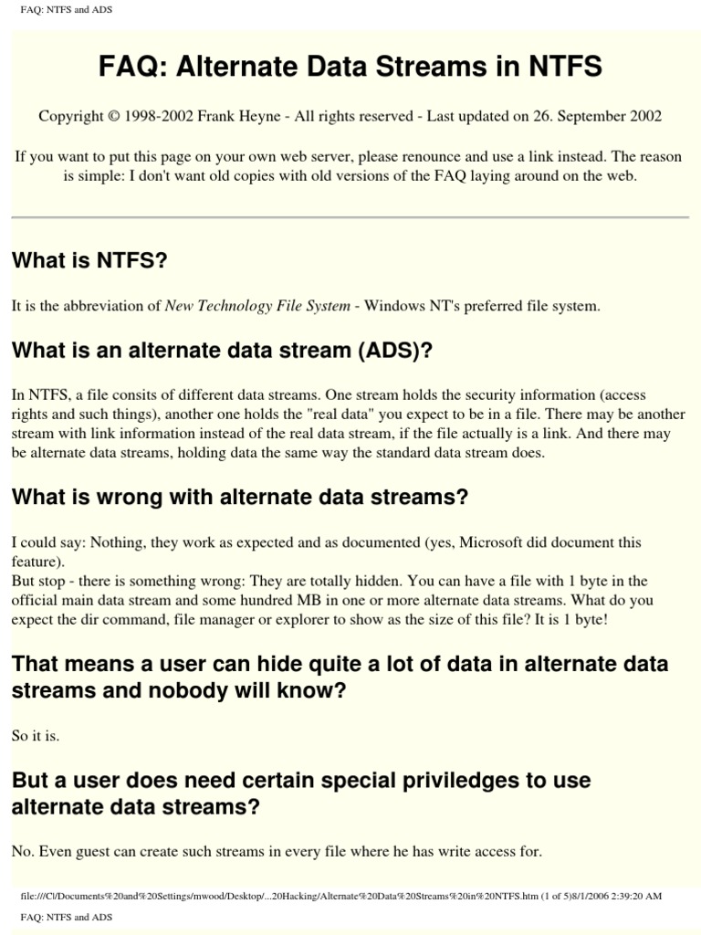 Alternate Data Streams in NTFS | PDF | File System | Computer File Alternate Data Streams in NTFS | PDF | File System | Computer File