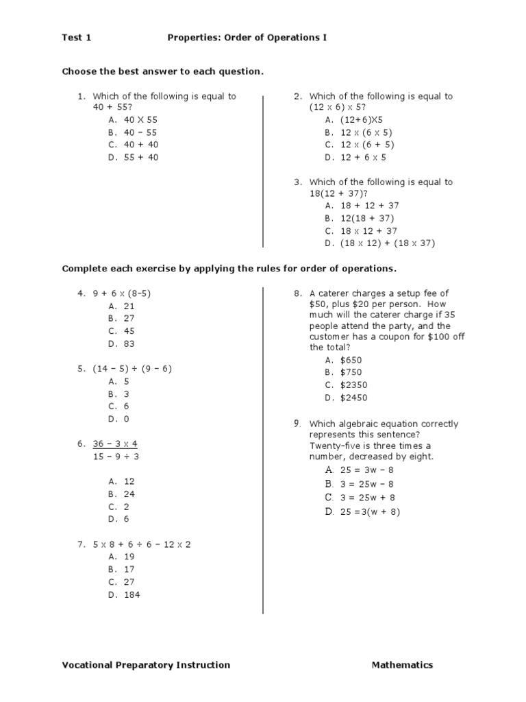 Order of Operations Test 1 | PDF | Teaching Mathematics | Algebra