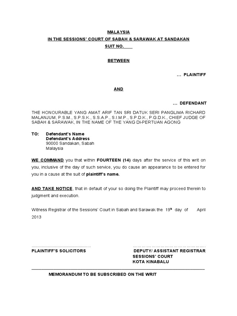 Sample Writ and Statement of Claim | PDF | Leasehold Estate | Lawsuit