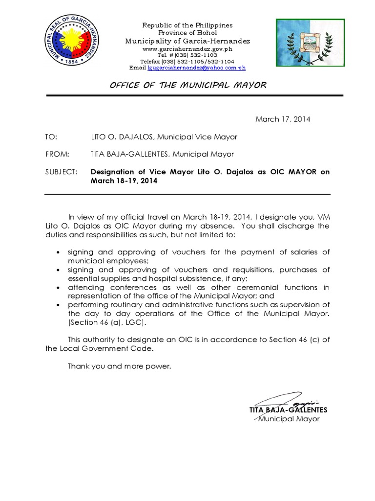 Sample of Designation As OIC Mayor | PDF