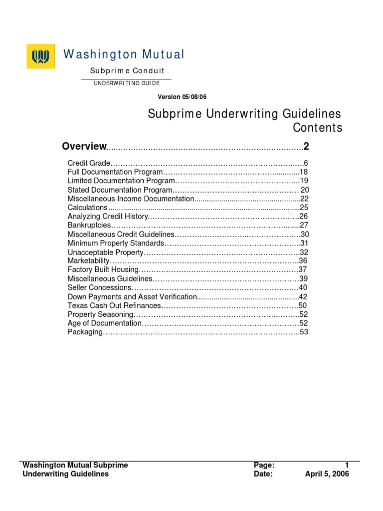 WAMU Subprime Underwriting Guidelines | PDF | Loan To Value Ratio | Loans