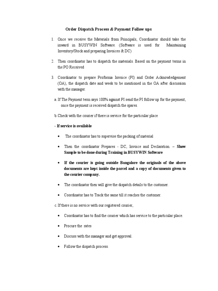 Order Dispatch & Payment Process | PDF