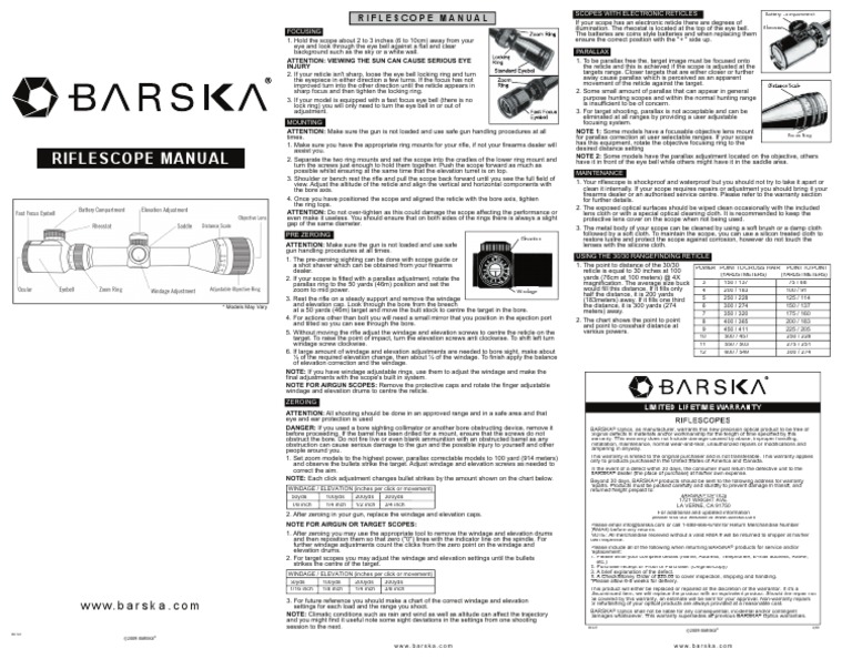 Barska Riflescope Manual Bc141 | PDF | Telescopic Sight | Firearms