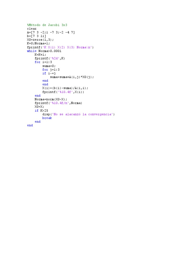 Métodos Numéricos Algoritmos Matlab, SOR, GAUSSEIDEL, JACOBI | PDF