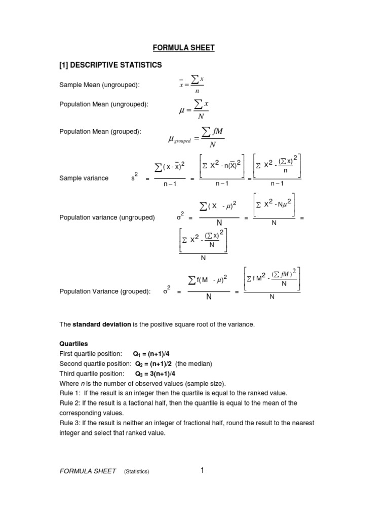 Comprehensive Statistics Formula Sheet: Descriptive Statistics, Probability, Statistical ...