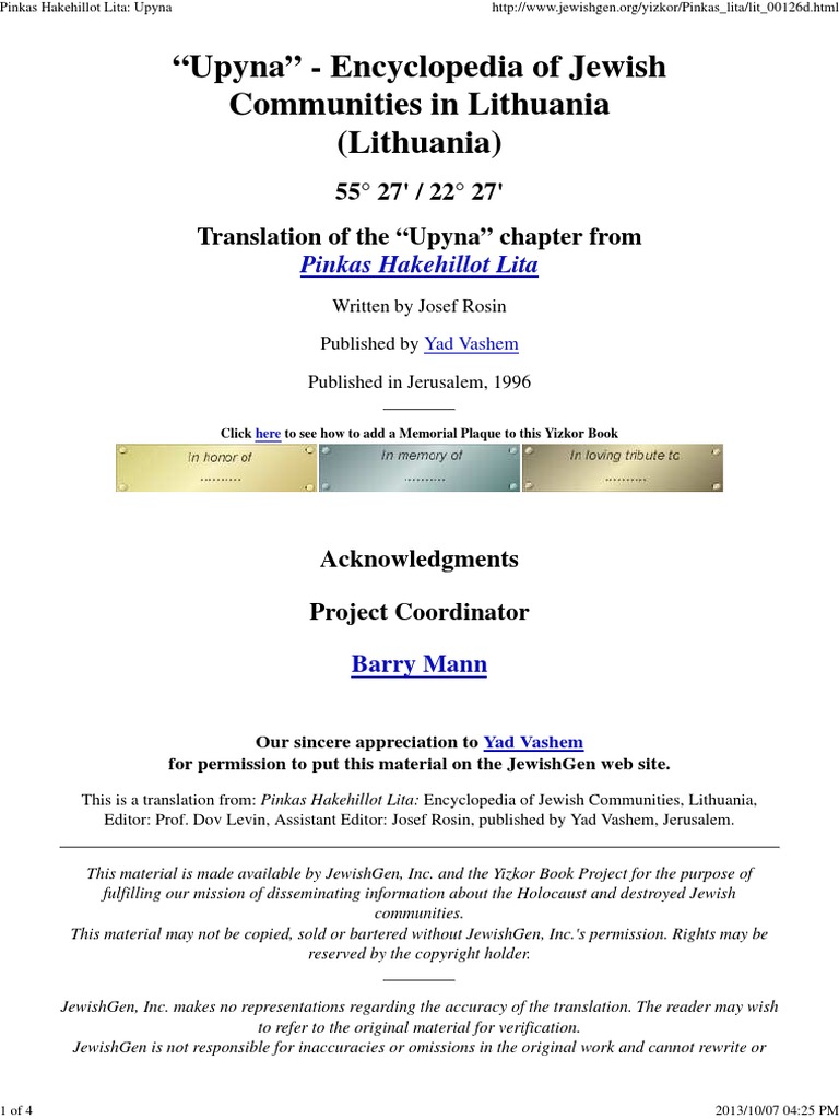 Pinkas Hakehillot Lita - Upyna | PDF | Rabbi | Lithuania