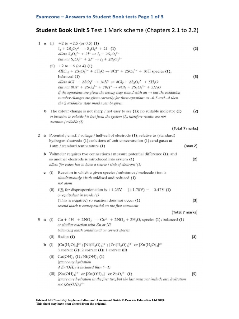 Student Book Unit 5 Test 1 Mark Scheme | PDF