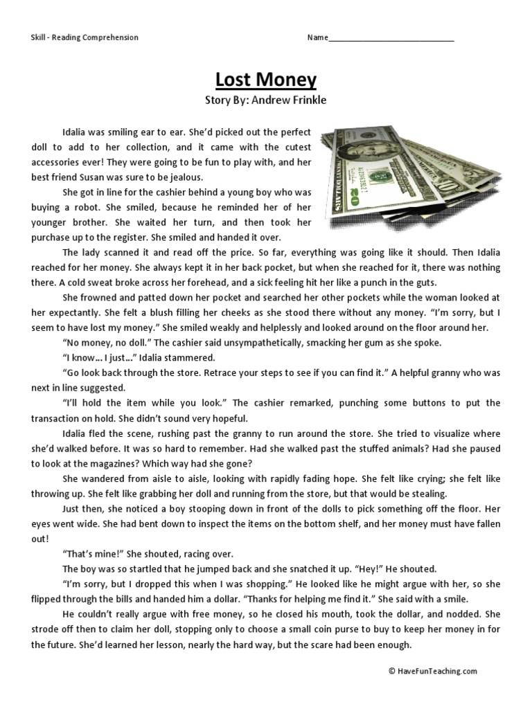 Lost Money Fourth Grade Reading Comprehension Worksheet | PDF | Leisure
