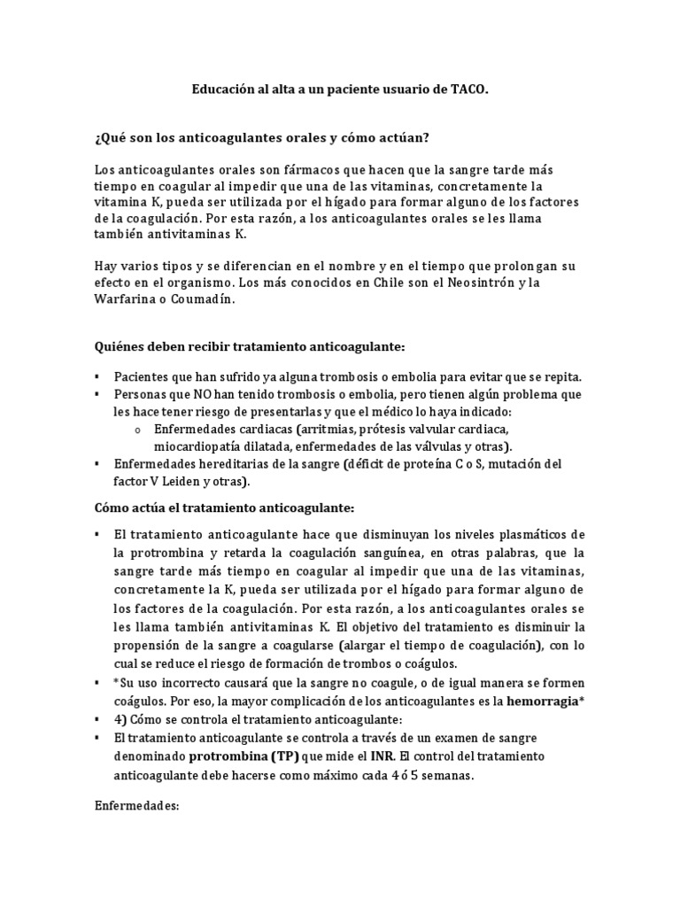 Educación sobre Tratamiento Anticoagulante TACO | PDF | Coagulación ...