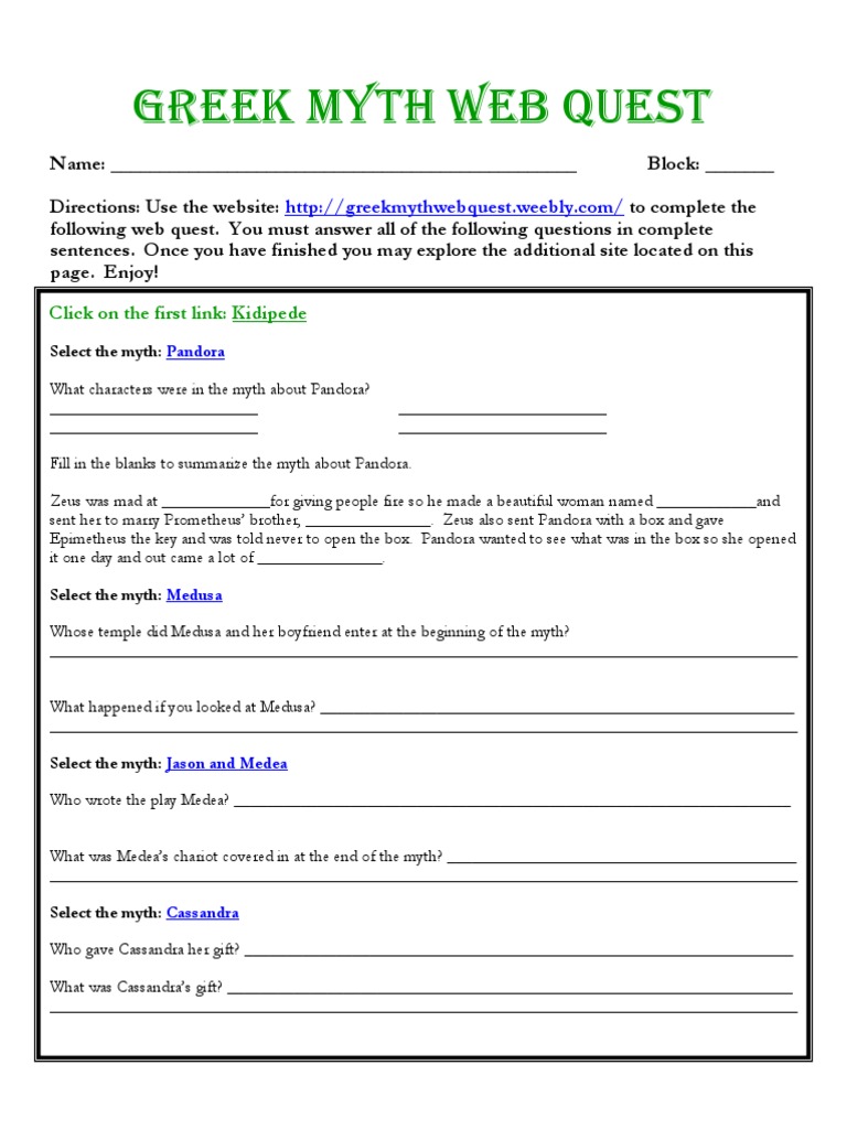 Web Quest Worksheet - Adapted | PDF | Greek Mythology | Dionysus