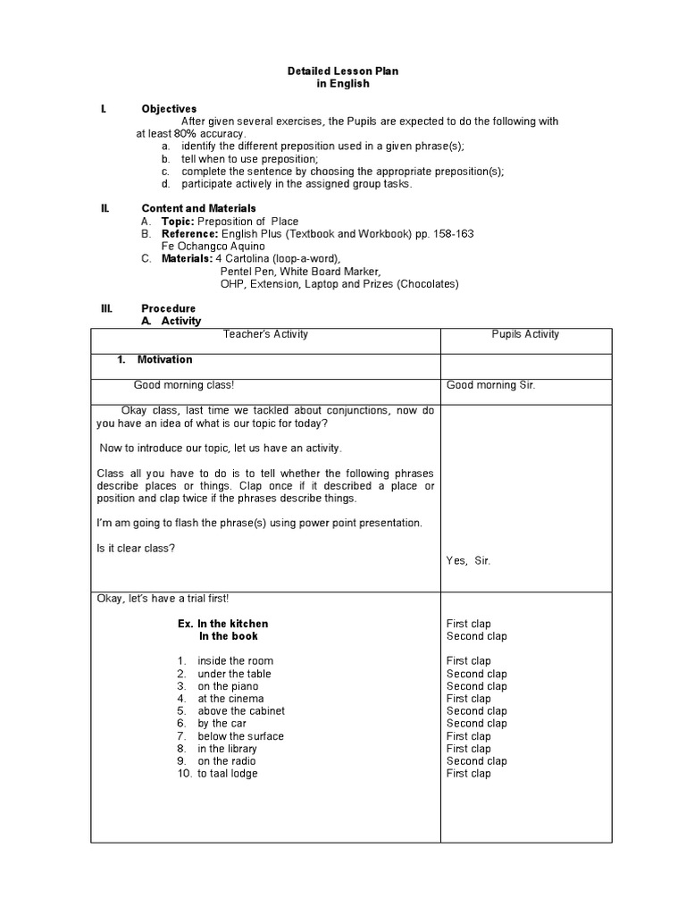 Final Lesson Plan in English | PDF | Preposition And Postposition | Noun