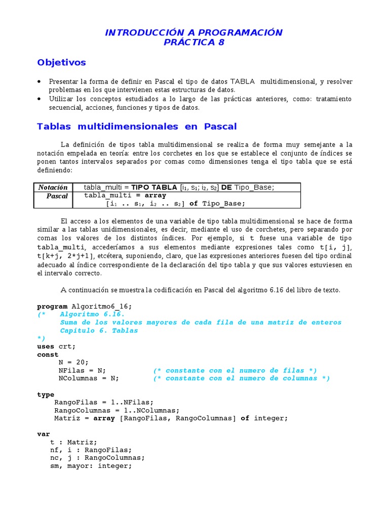 Práctica8-Tablas Multidimensionales | PDF | Tabla (base de datos) | Codificación de caracteres