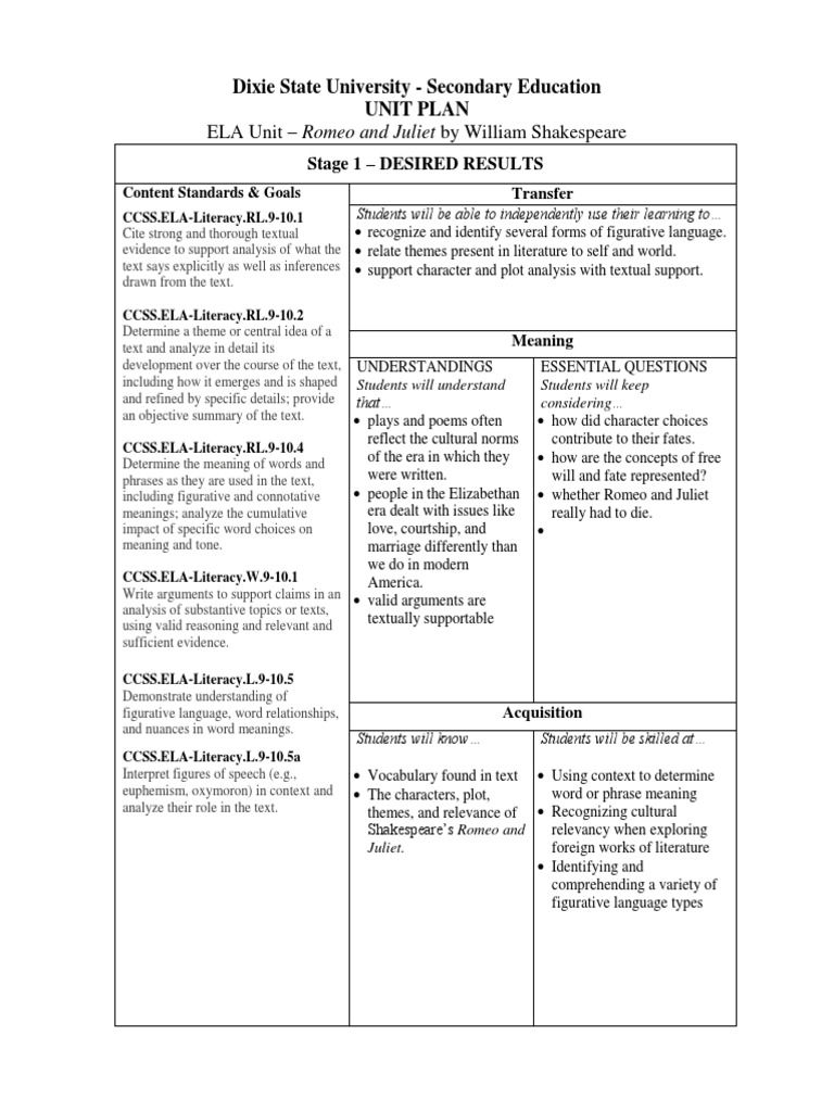 ELA Unit Plan: Romeo and Juliet Analysis | PDF | Romeo And Juliet ...