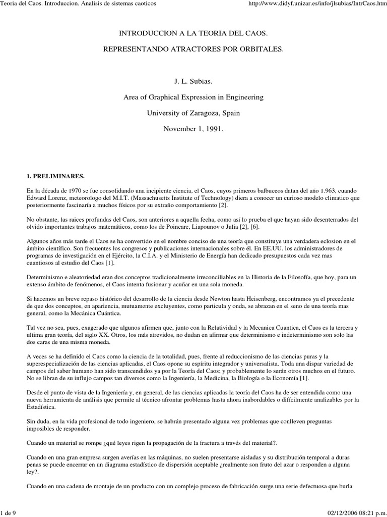 Teoria Del Caos. Introduccion. Analisis de Sistemas Caoticos | PDF | Teoría del caos | Atractor