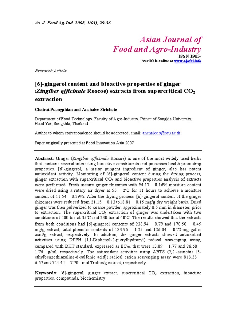Gingerol Content and Bioactive Properties of Ginger (Zingiber Officinale Roscoe) Extracts From ...