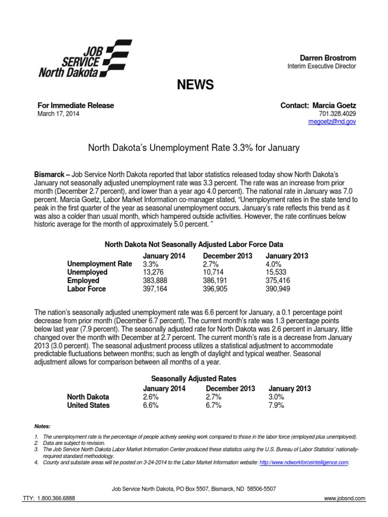 North Dakota January 2014 Unemployment Report Pdf North Dakota