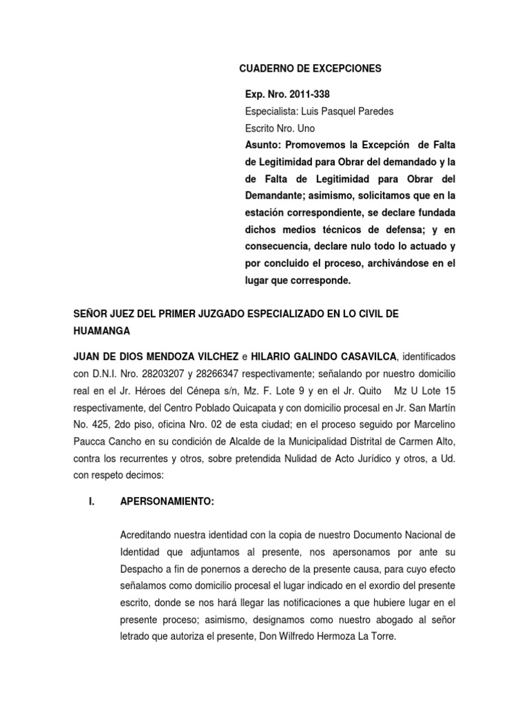 Cuaderno de Excepción | Descargar gratis PDF | Ley procesal | Demanda ...