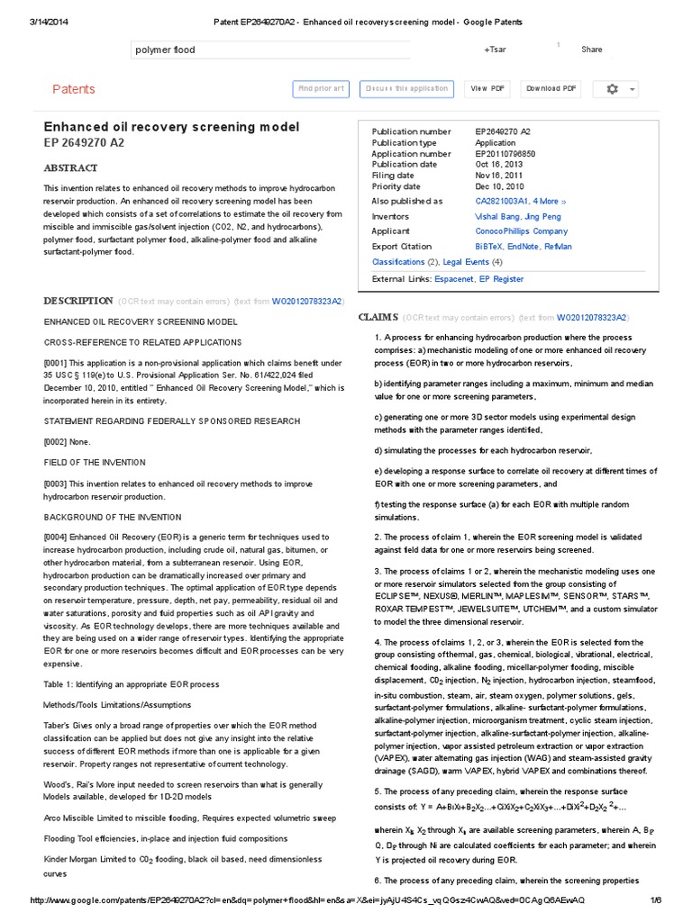 Patent EP2649270A2 - Enhanced Oil Recovery Screening Model - Google ...