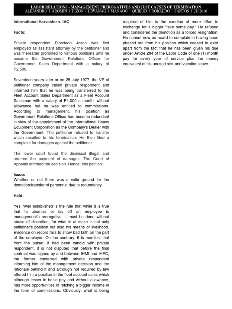 Management Prerogatives Compilation | PDF | Evidence | Employment