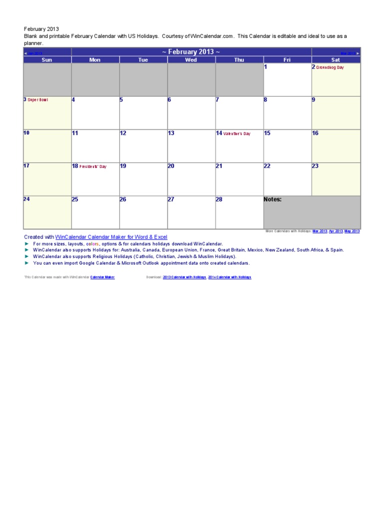 February 2013 Calendar US Holidays | PDF | Teaching Methods & Materials ...