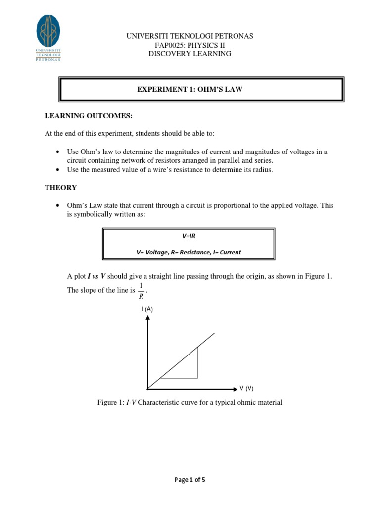 Experiment 1: Ohm'S Law: V Ir V Voltage, R Resistance, I Current | PDF ...