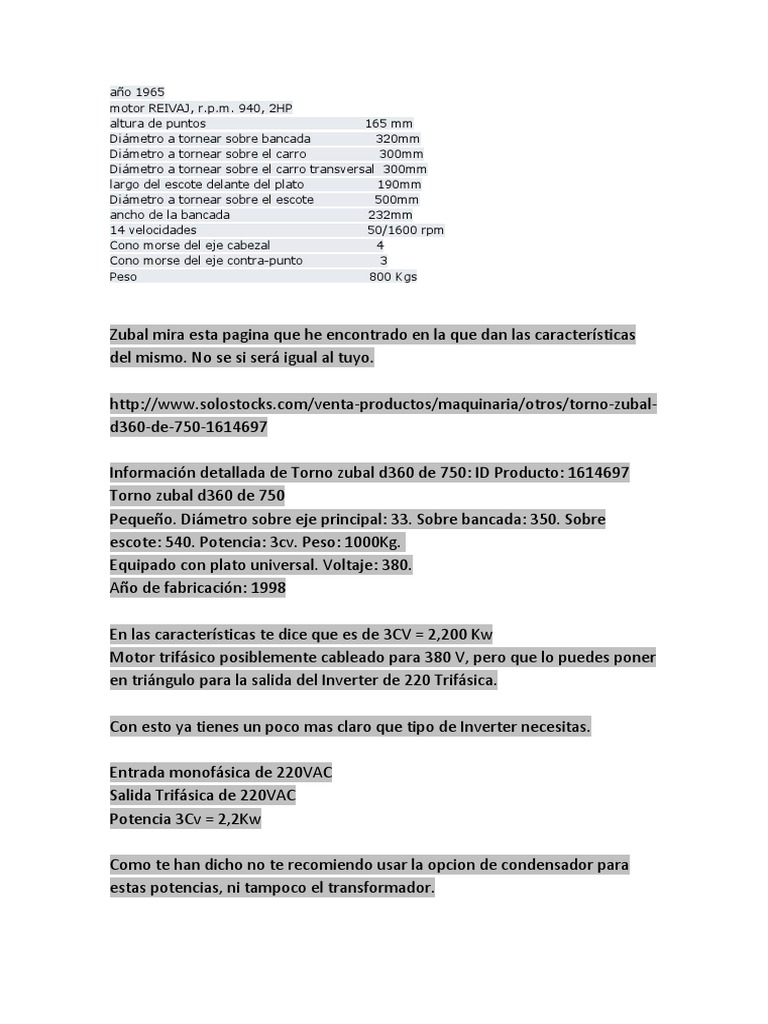 Características del Torno Zubal D360 | PDF