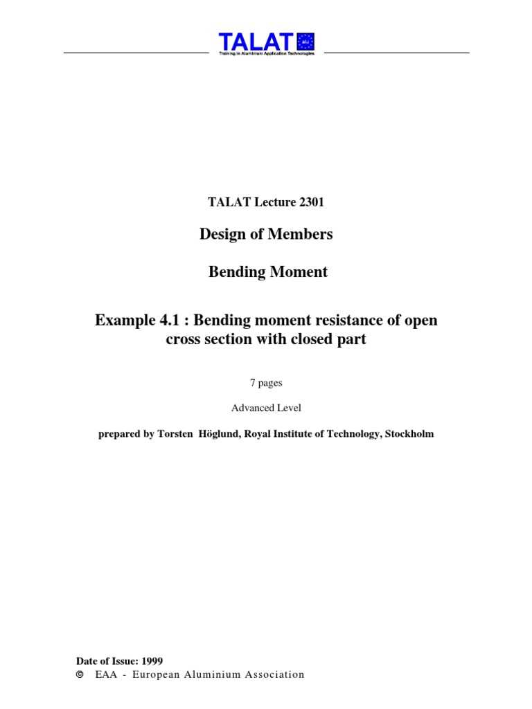 TALAT Lecture 2301: Design of Members Example 4.1: Bending Moment ...