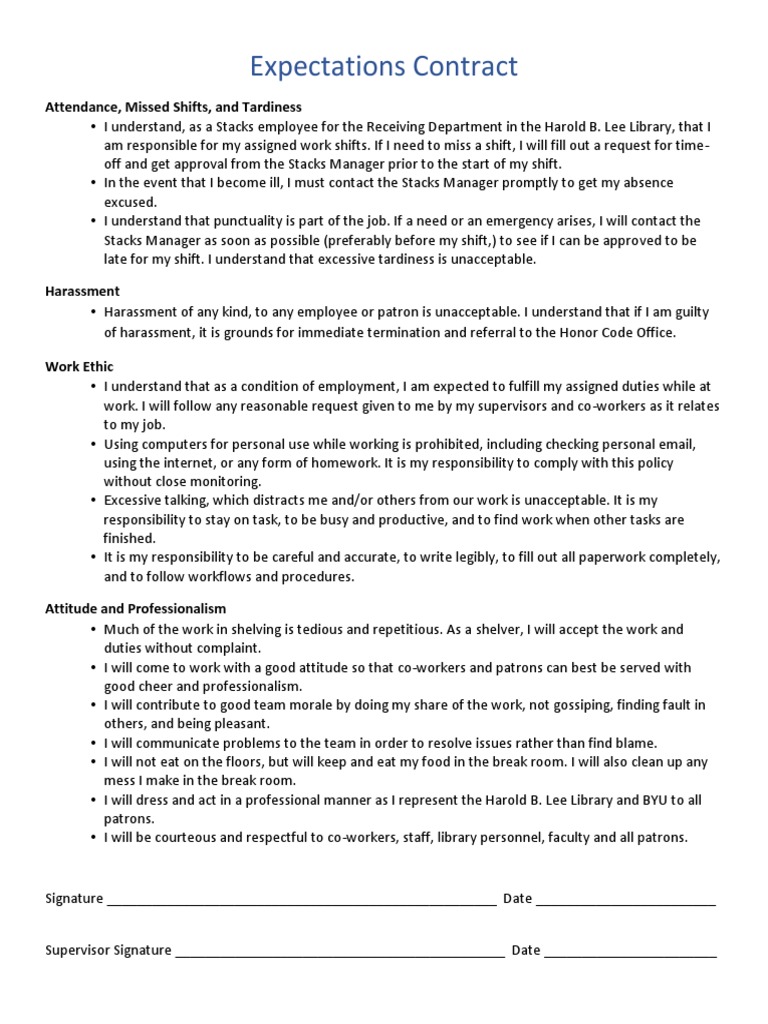 Expectations Contract: Attendance, Missed Shifts, and Tardiness | PDF ...
