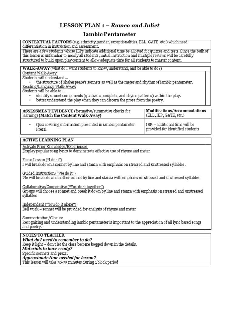 Romeo & Juliet: Iambic Pentameter Lesson | PDF