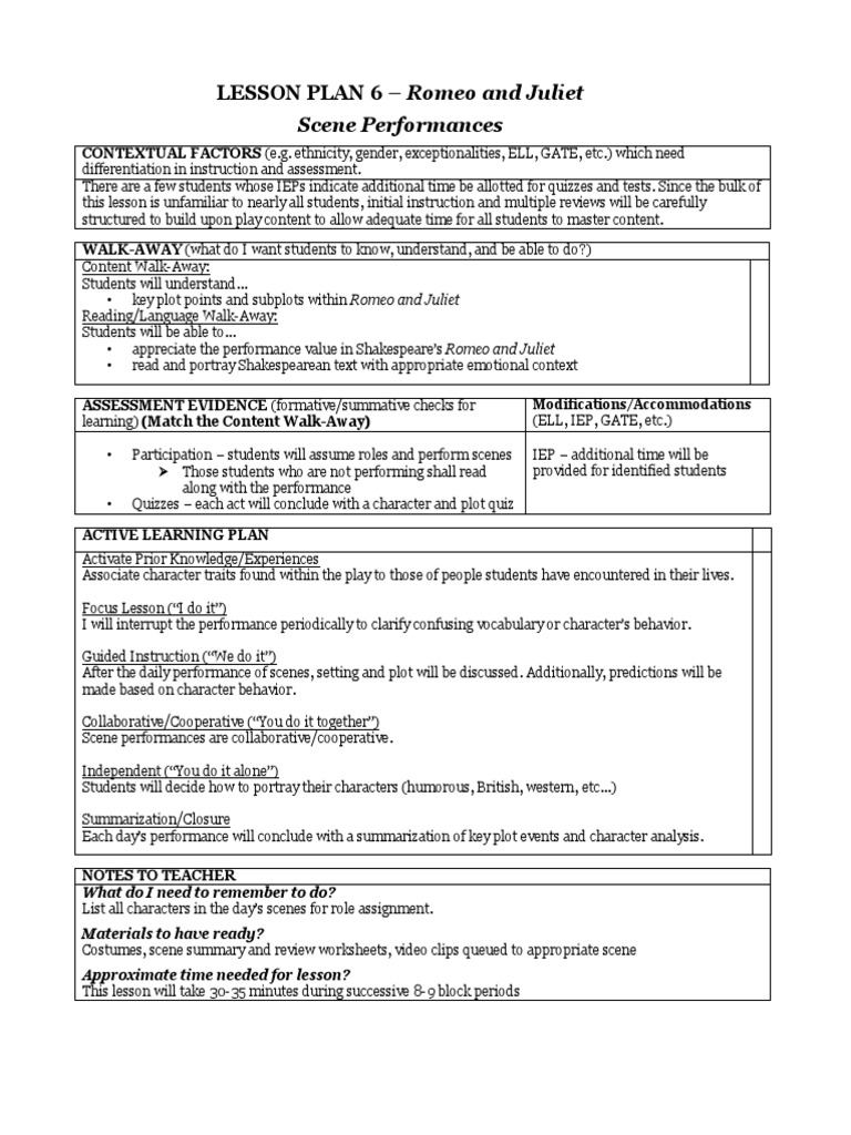 Romeo and Juliet Scene Performance Plan | PDF | Individualized ...