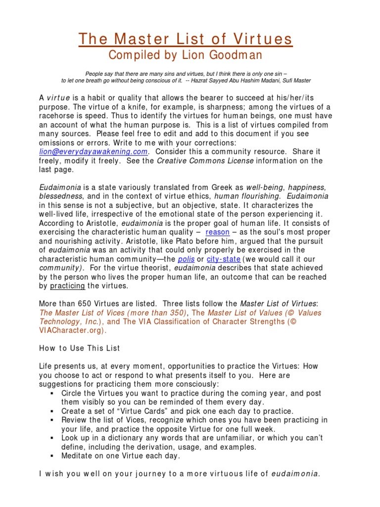 Virtues The Master List | PDF | Virtue Ethics | Courage