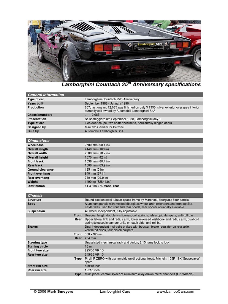 Lamborghini Countach 25 Anniversary Specifications: General Information ...
