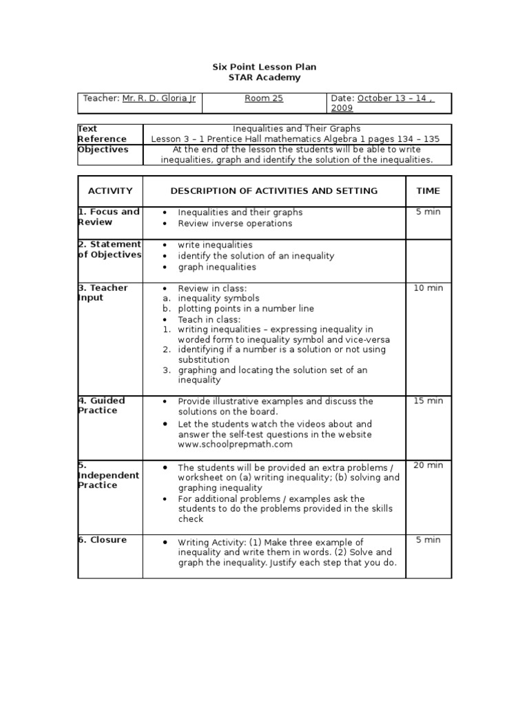 Six Point Lesson Plan STAR Academy Teacher: Mr. R. D. | PDF ...