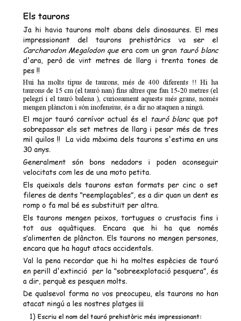 Lectura Comprensiva Els Taurons | PDF