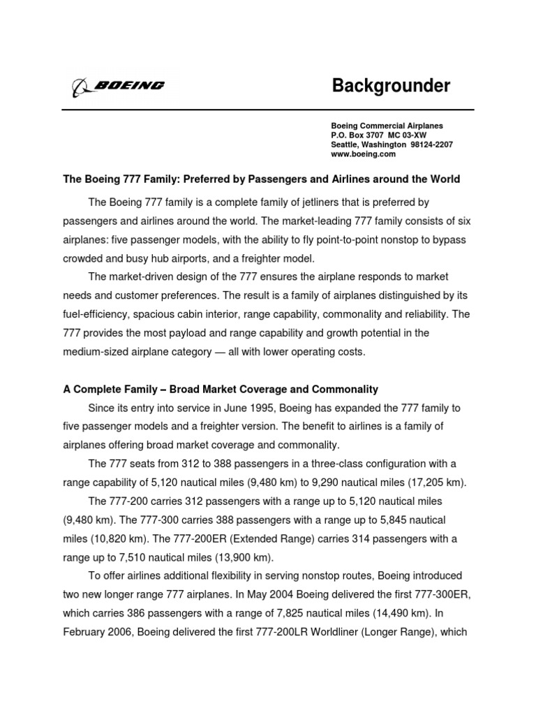Boeing 777 Family Overview and Features | PDF | Cockpit | Airplane