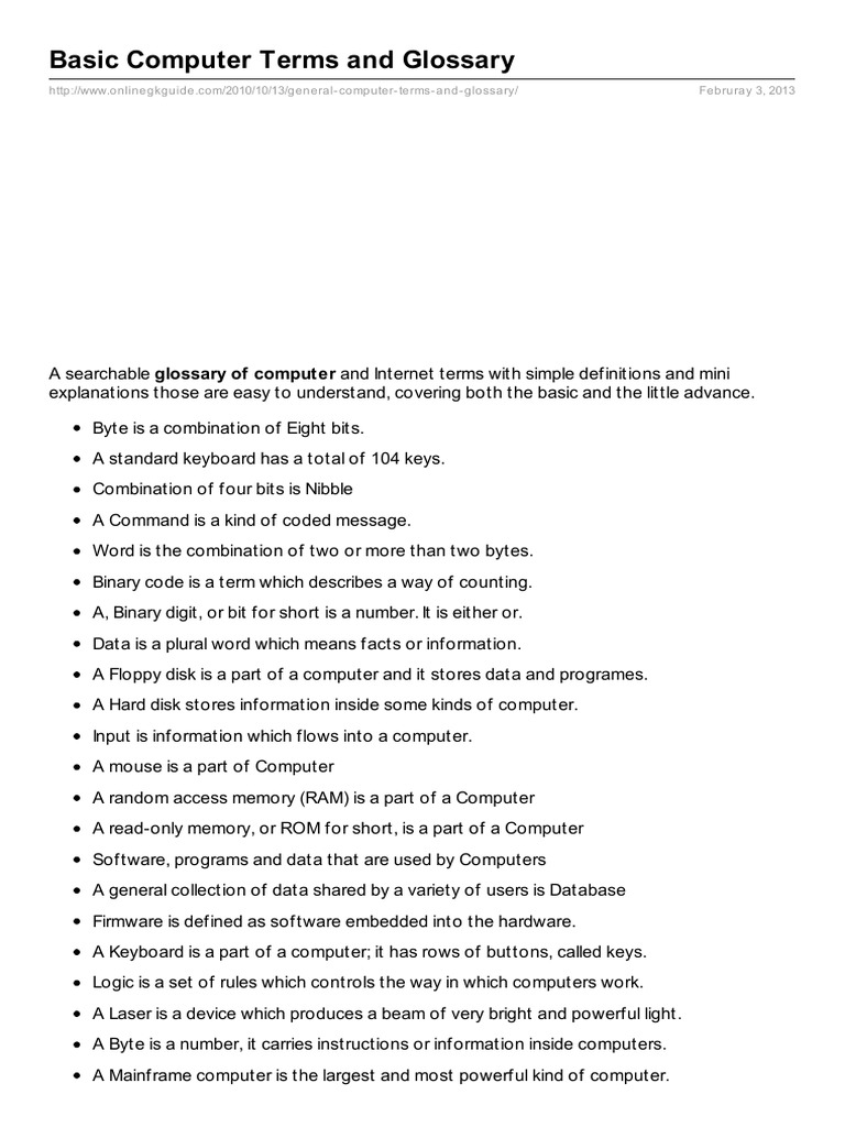 Basic Computer Terms and Glossary: Februray 3, 2013 | PDF | Bit ...