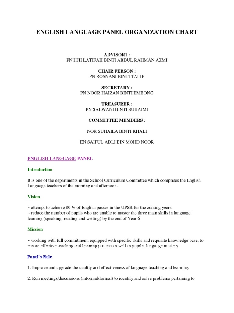 English Language Panel Organization Chart | PDF
