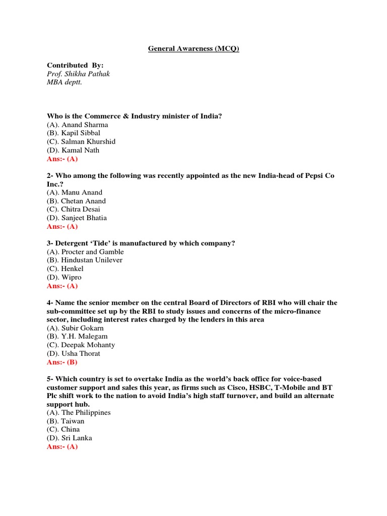 General Awareness MCQ | PDF | Business
