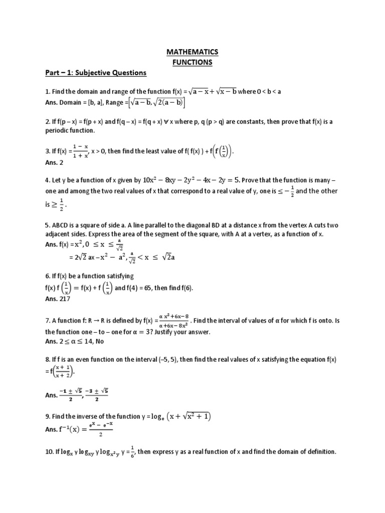 Mathematics Assignment - 1 - Functions | PDF | Function (Mathematics ...
