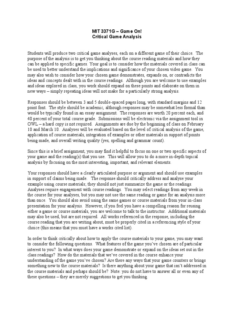 MIT 3371G - Critical Game Analyses | PDF | Video Games | Analysis