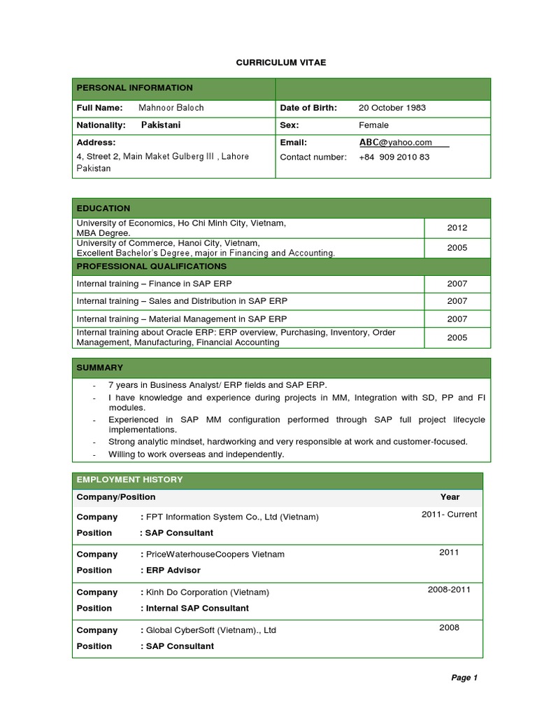 CV Template, Sample, Design | PDF | Sap Se | Business Process
