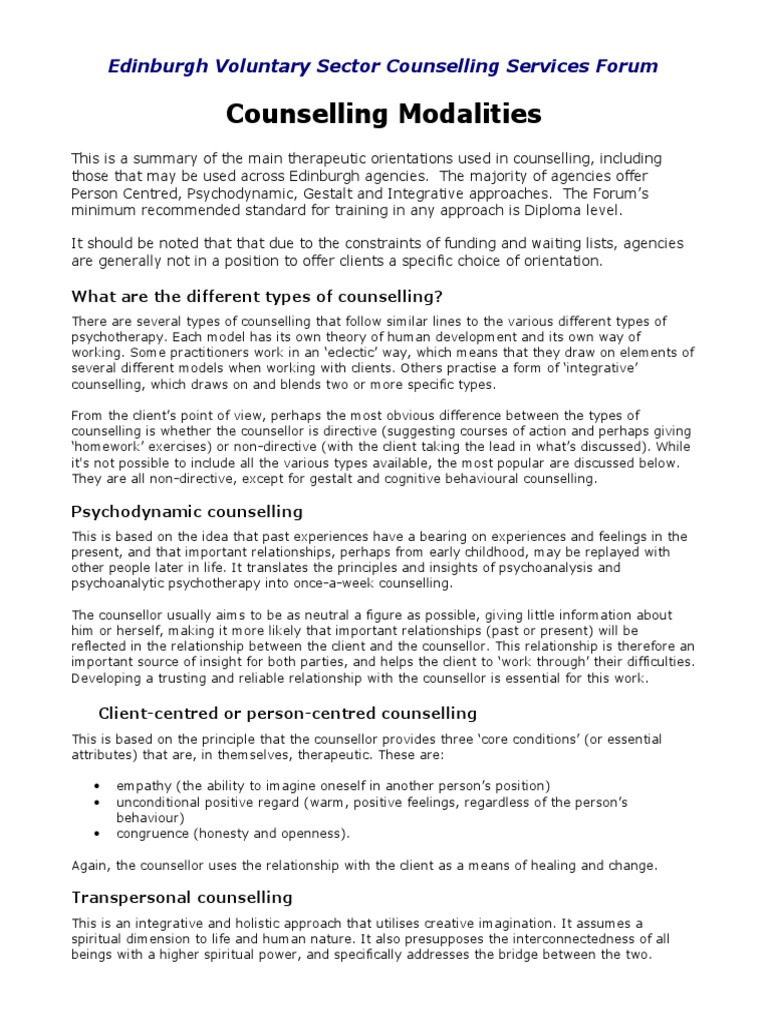 Counselling Modalities Information Leaflet | PDF | Psychotherapy ...