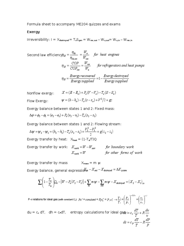 Thermodynamics Formula Sheet for ME204 | PDF | Exergy | Classical Mechanics