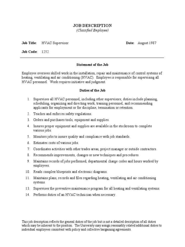 HVAC Supervisor Job Description | PDF | Employment | Occupational ...