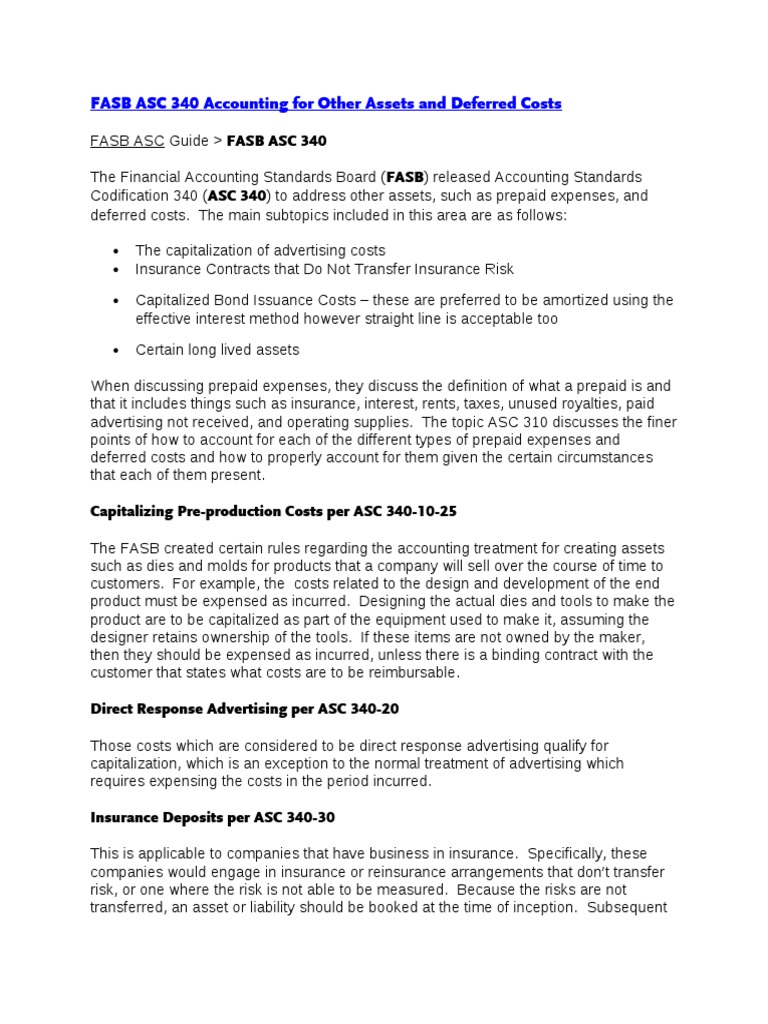 FASB ASC 340 Accounting For Other Assets and Deferred Costs | PDF ...