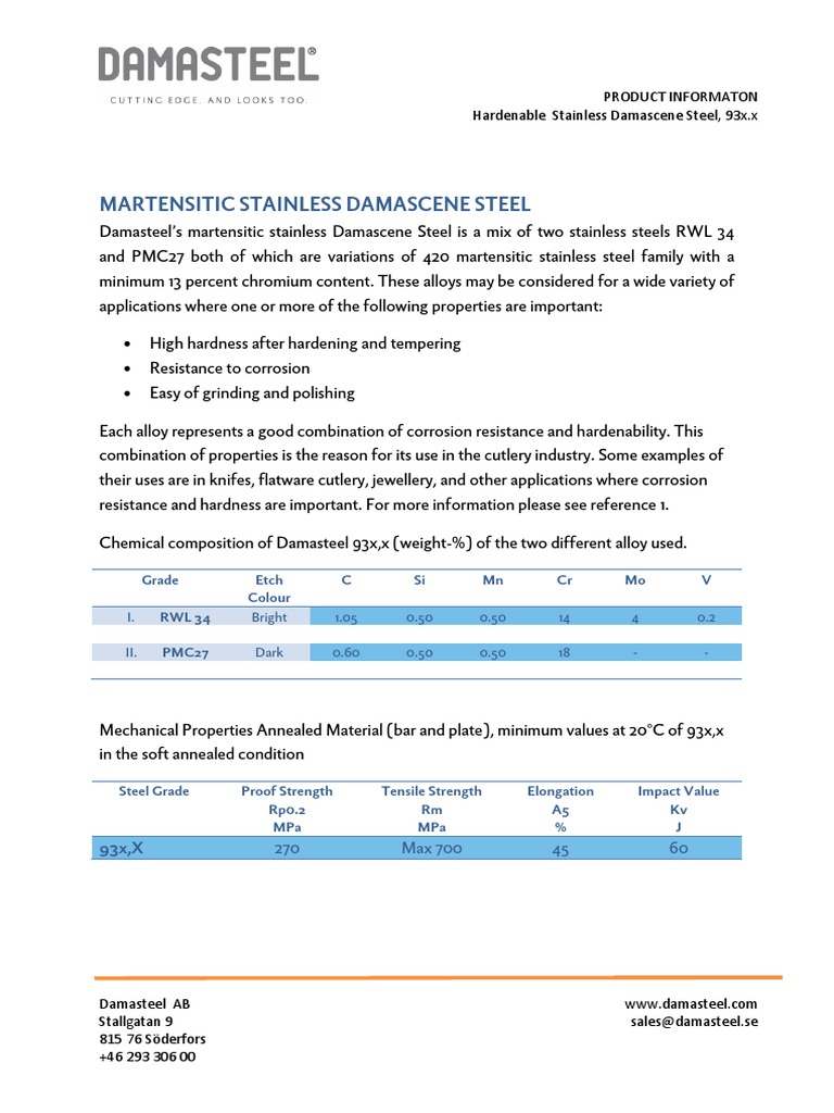 Damasteel Martensitic Damascus Steel | PDF | Stainless Steel | Heat ...