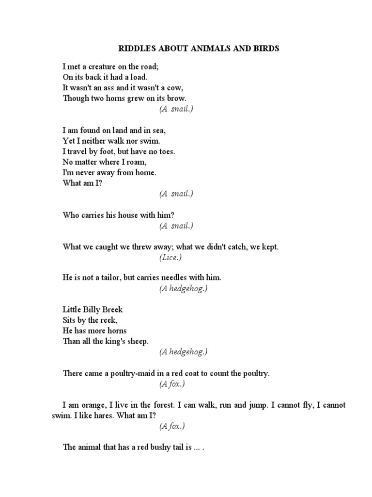 Riddles About Animals and Birds | PDF | Rooster | Cats