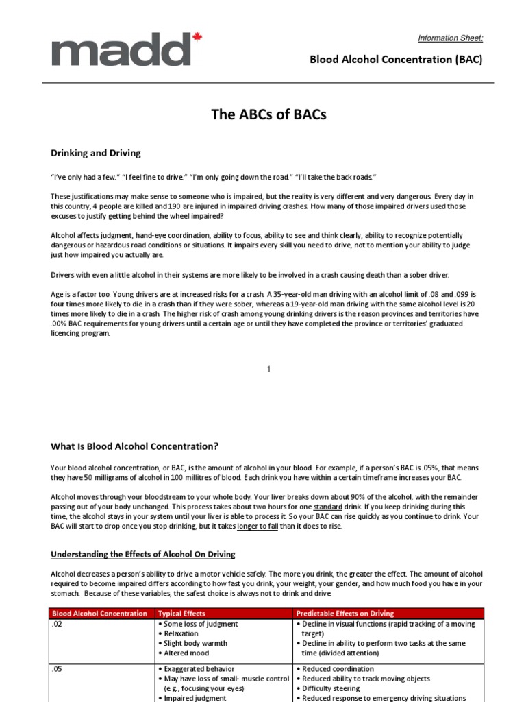 Blood Alcohol Concentration - The ABCs | PDF | Driving Under The ...