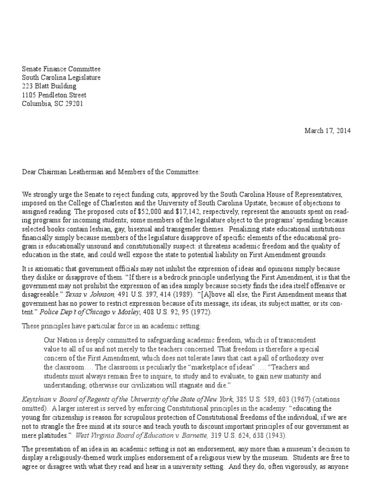 NCAC, ACLU-SC Joint Letter To SC Senate Finance Committee | PDF | First ...