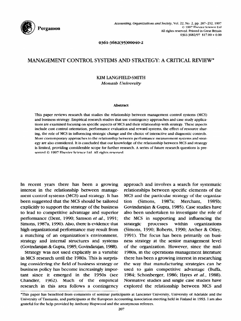 Management Control Systems and Strategy A Critical Review | PDF ...